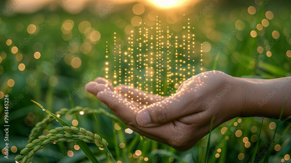 Close up hand holding showing a growing virtual hologram of rice stock ...