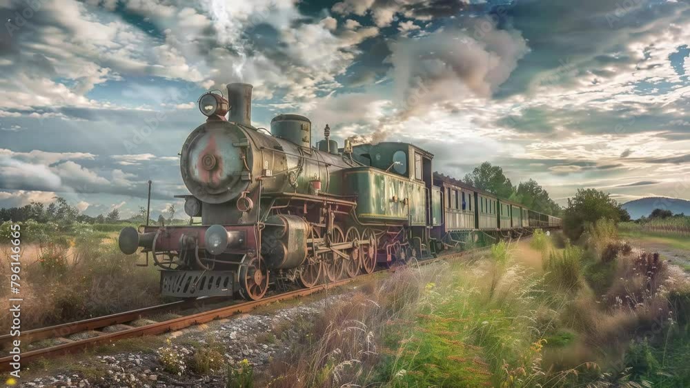 illustration of locomotive through the country on sunny day. seamless ...