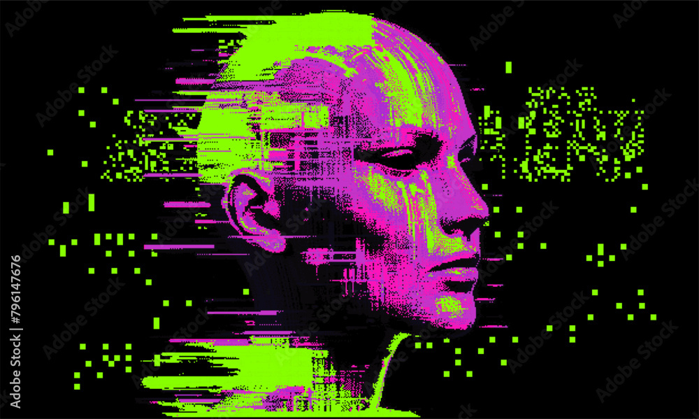 Glitched and pixelated silhouette of a 3D human head on a dark ...