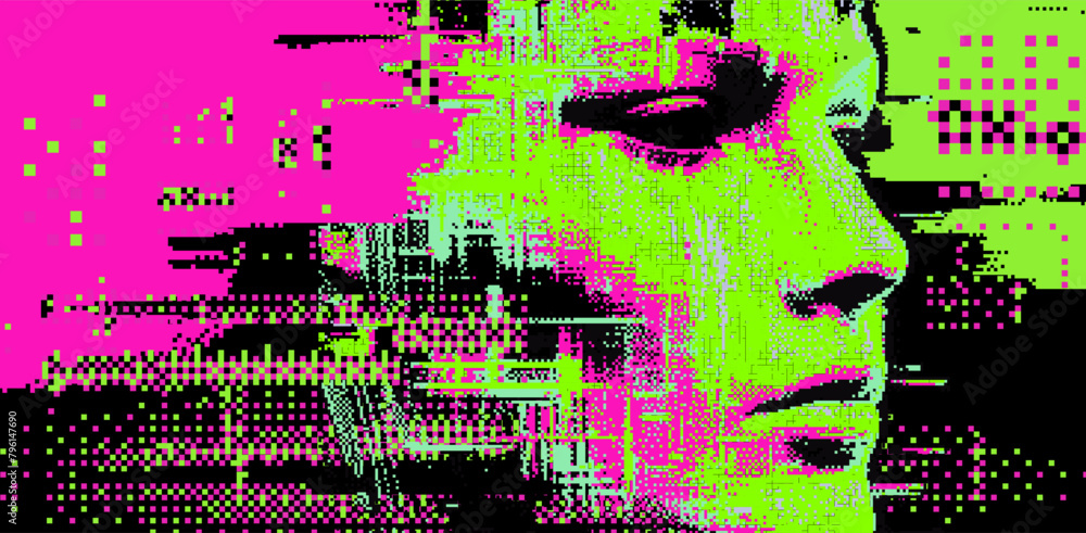 Glitched and pixelated silhouette of a 3D human head on a dark ...