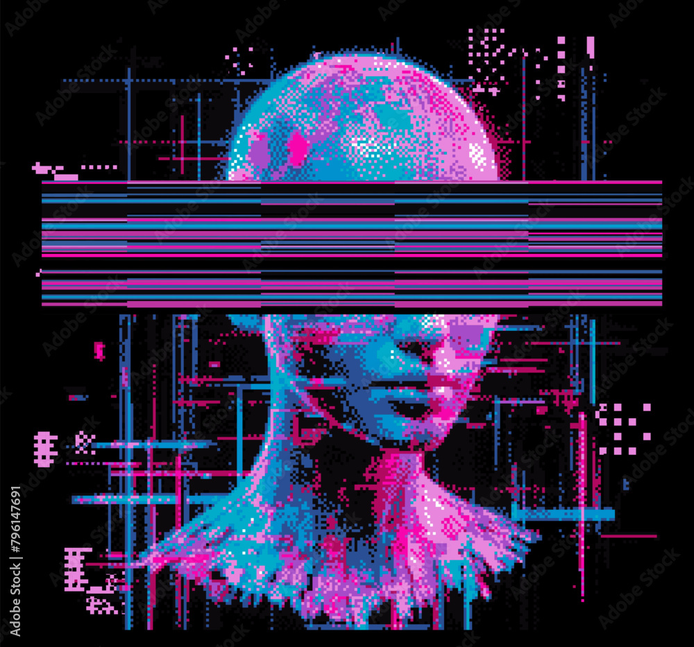 Glitched and pixelated silhouette of a 3D human head on a dark ...