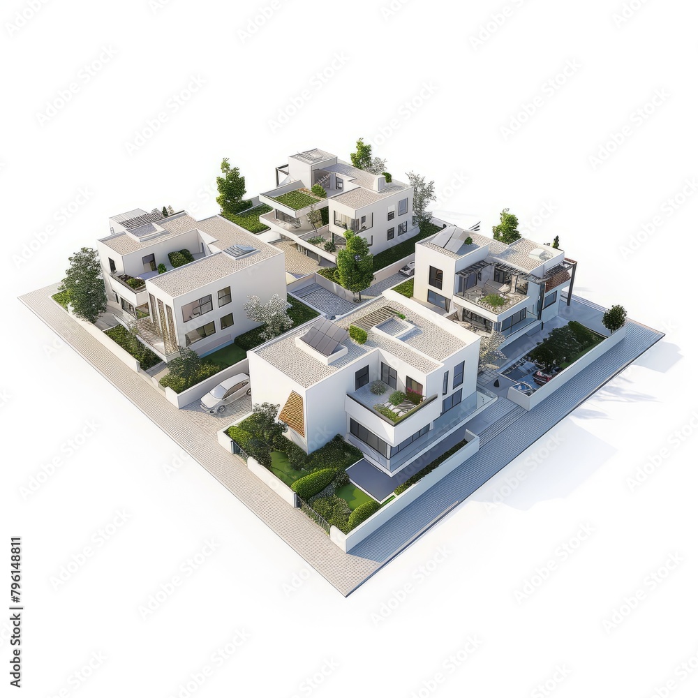 3D Render of a gated community with modern townhouses, on isolated ...