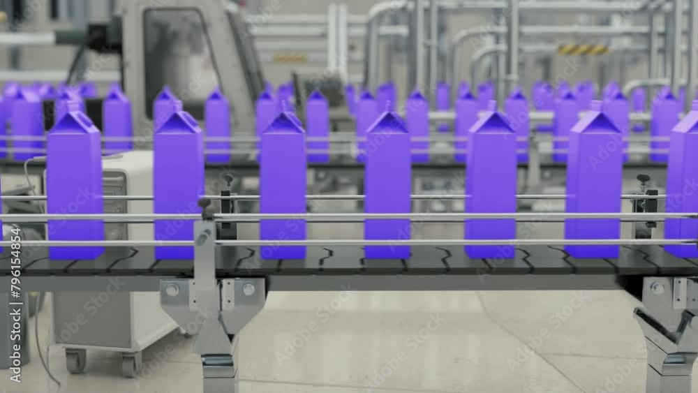 Packaging the product into blue cartons on the manufacturing conveyor ...