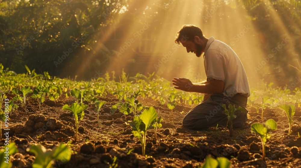 A farmer kneels in prayer before his crops, paying homage to the earth ...