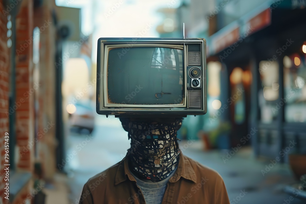 Analyze medias influence on creative portrayal of man with TV set head ...