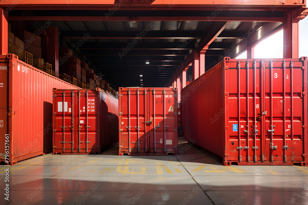 Whole side and empty red container box at cargo freight ship design ...