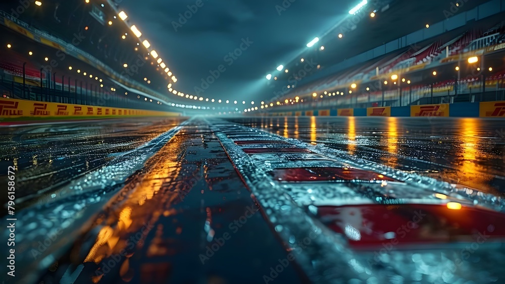 D Render of Vacant Race Track with Grandstands Illuminated by ...