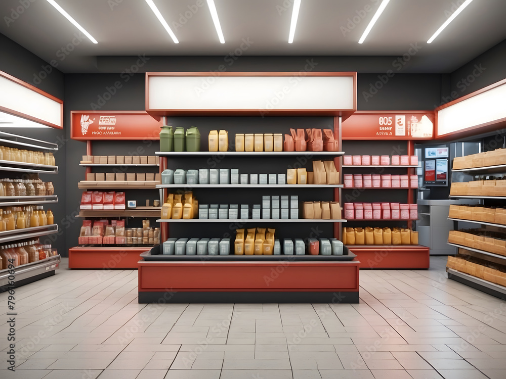 Supermarket Shelves With Blank Banners And POS Display Design. 3D ...