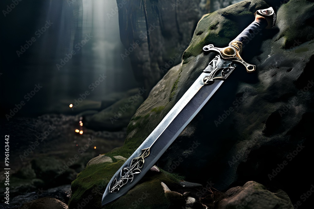 Sword stuck in a rock like in the Excalibur legend , the mythical sword ...