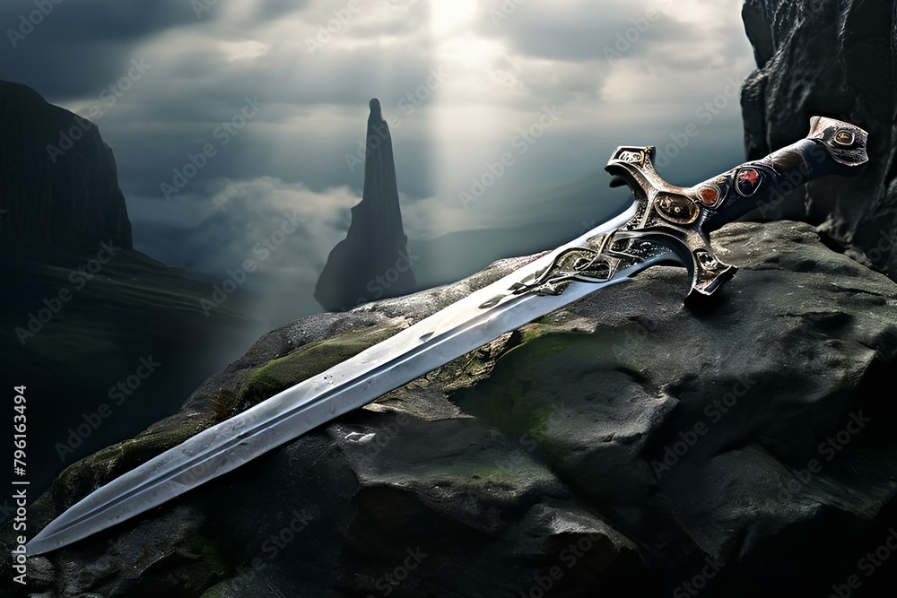 Sword stuck in a rock like in the Excalibur legend , the mythical sword ...