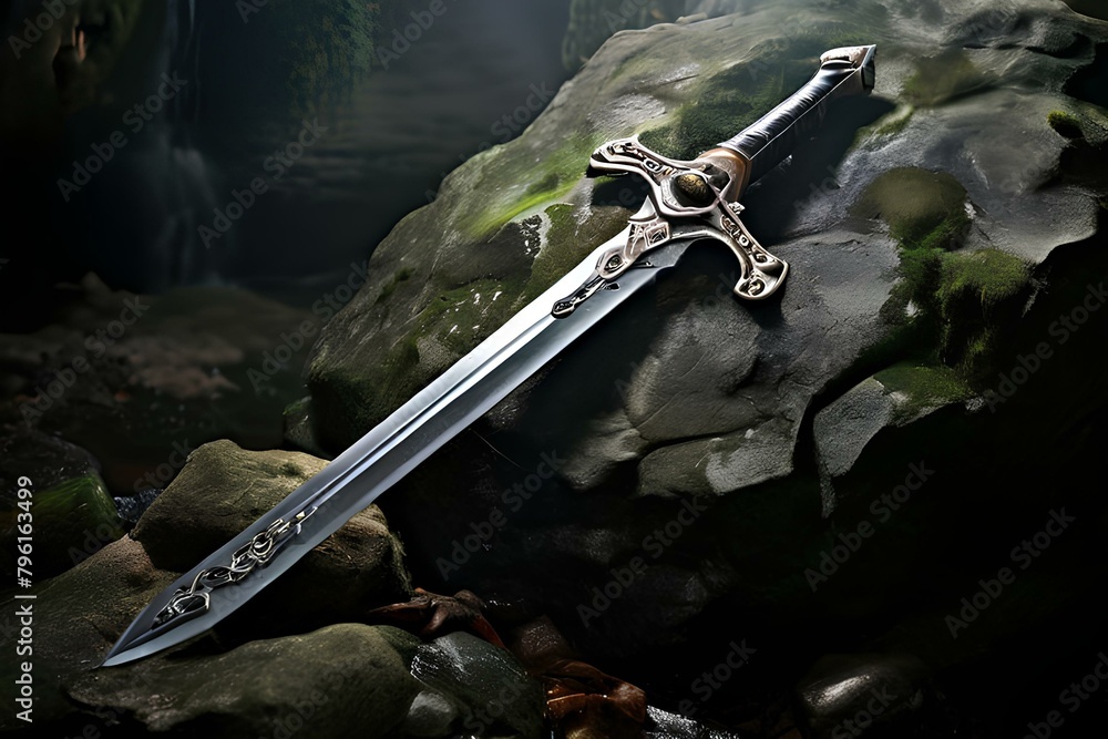 Sword stuck in a rock like in the Excalibur legend , the mythical sword ...