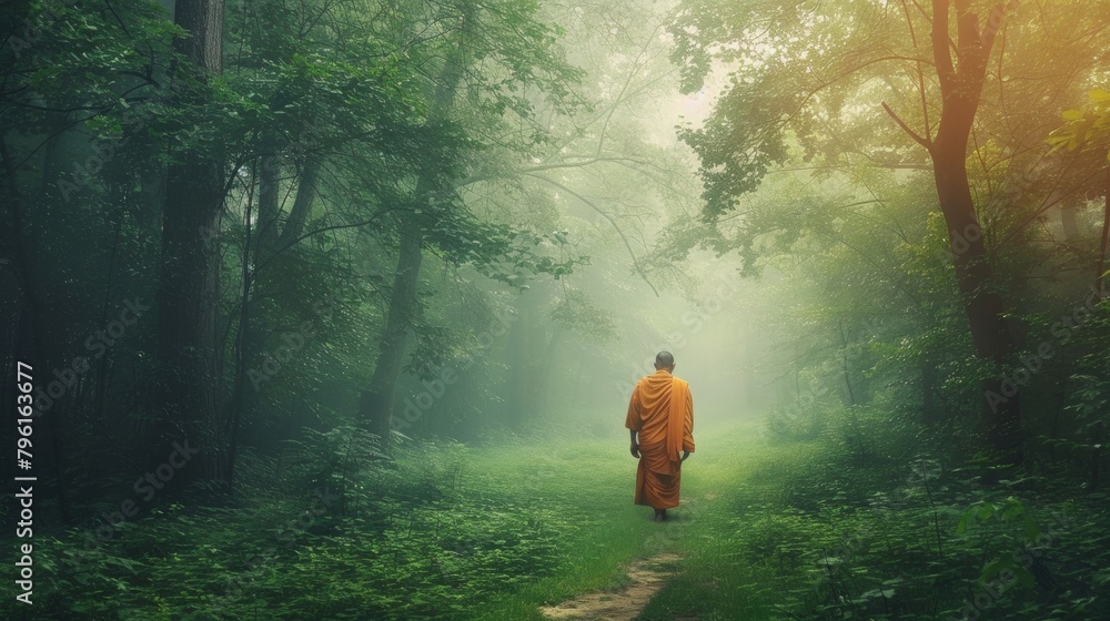 A peaceful panorama of a monk walking down a quiet path in a misty ...