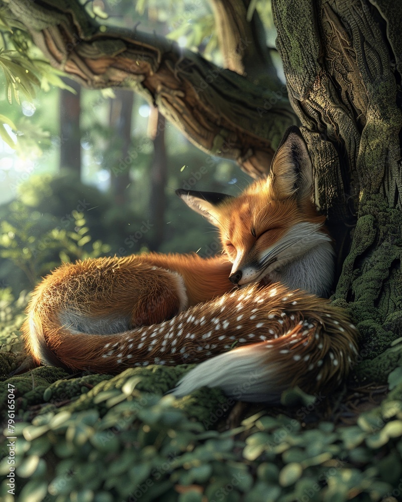 Serene scene of a deerfox hybrid resting under an ancient oak, its ...