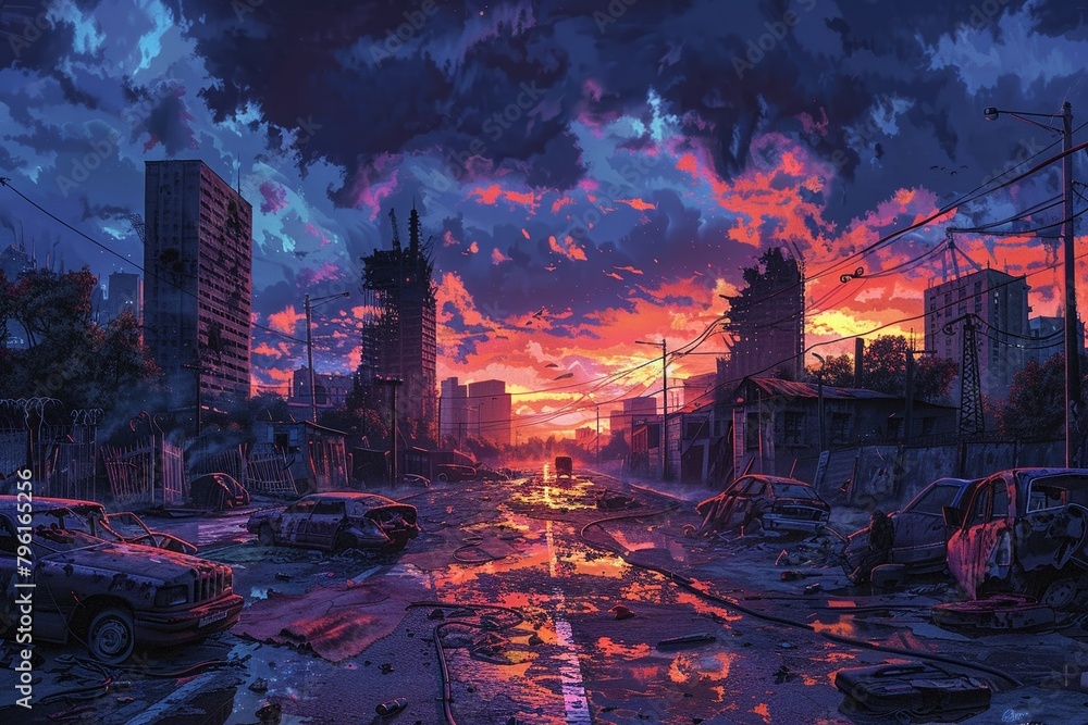 Apocalyptic cityscape with deserted streets, overturned cars, and ...