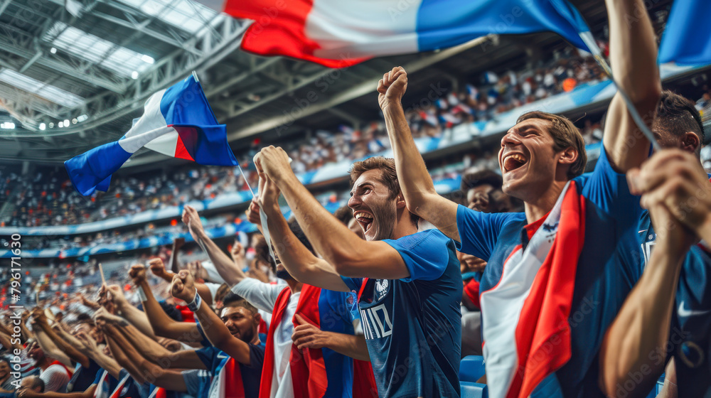 French football soccer fans in a stadium supporting the national team ...