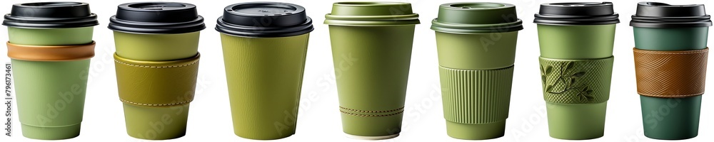 Set of Takeaway Green paper coffee cup with sleeve mug isolated cutout ...