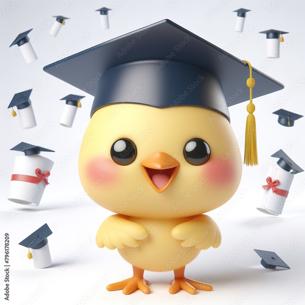 Cute character 3D image of A cute chick is wearing a hat in a ...