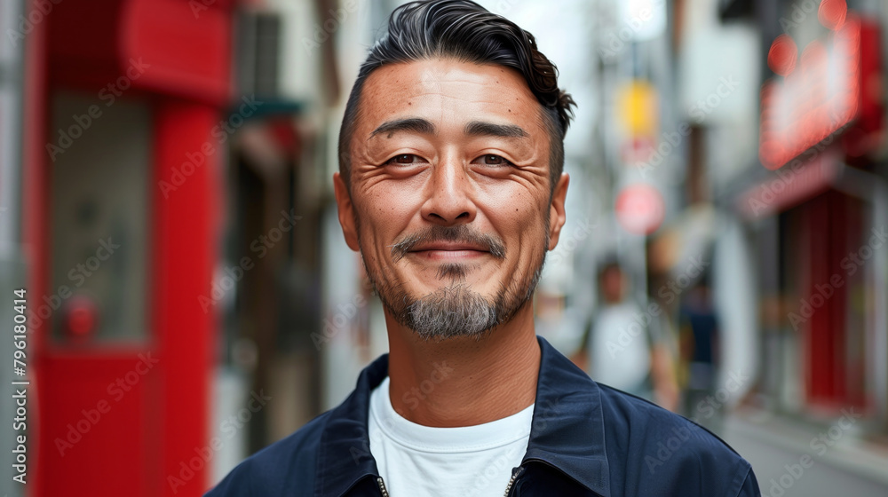 A man of half Japanese and British descent with a mustache is smiling ...