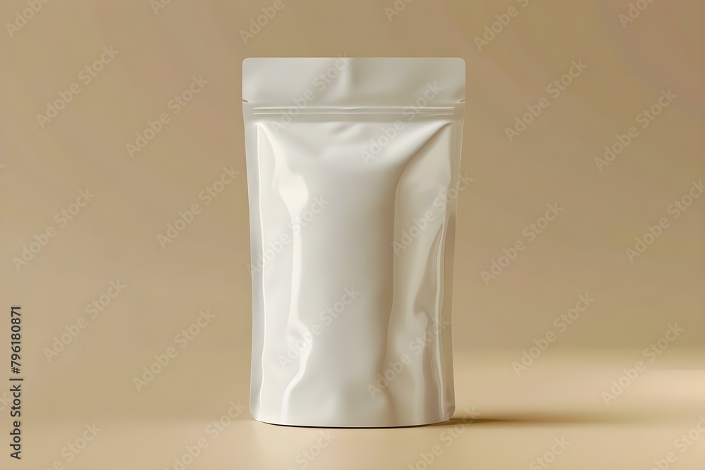 Mockup of white pouch packaging on beige background with clipping path ...