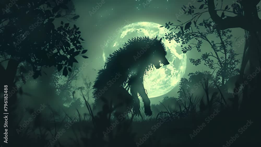 A large werewolf is standing in the woods under a full moon. The image ...
