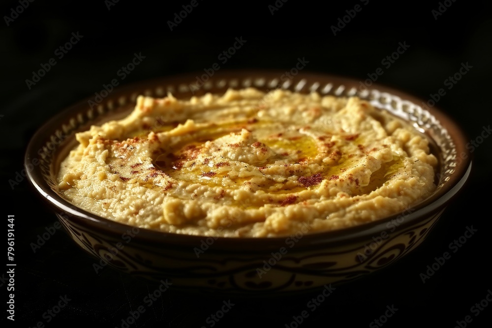 A golden brown bowl of hummus, sprinkled with paprika and drizzles of ...