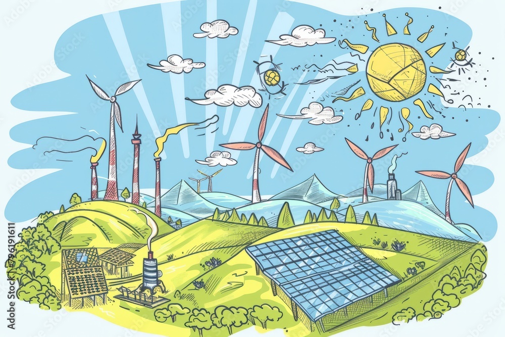 Cartoon cute doodles of a futuristic energy grid powered by renewable ...