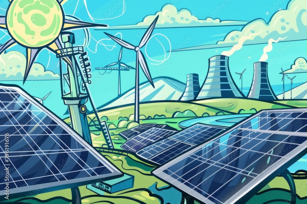 Cartoon cute doodles of a futuristic energy grid powered by renewable ...