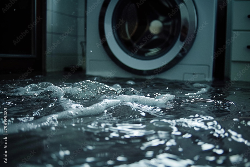 The floor is slick with water from a malfunctioning washing machine ...