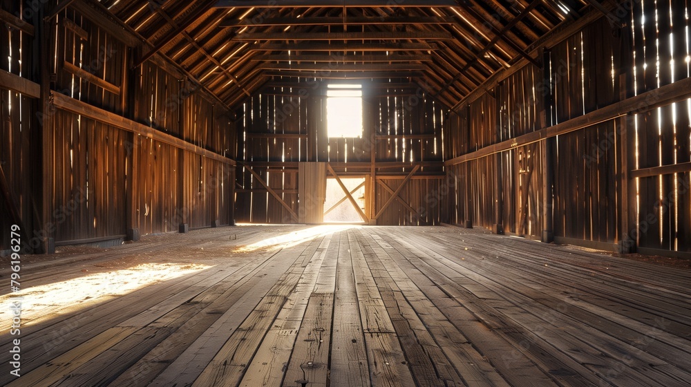 Sunlight illuminates the interior of a rustic wooden barn through gaps ...