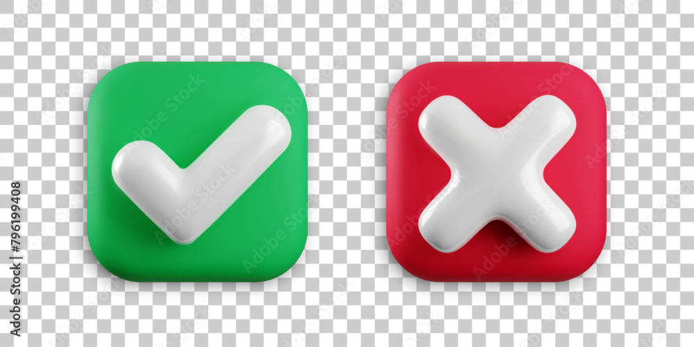 Vector 3d checkmarks icon set. Square glossy yes tick and no cross ...