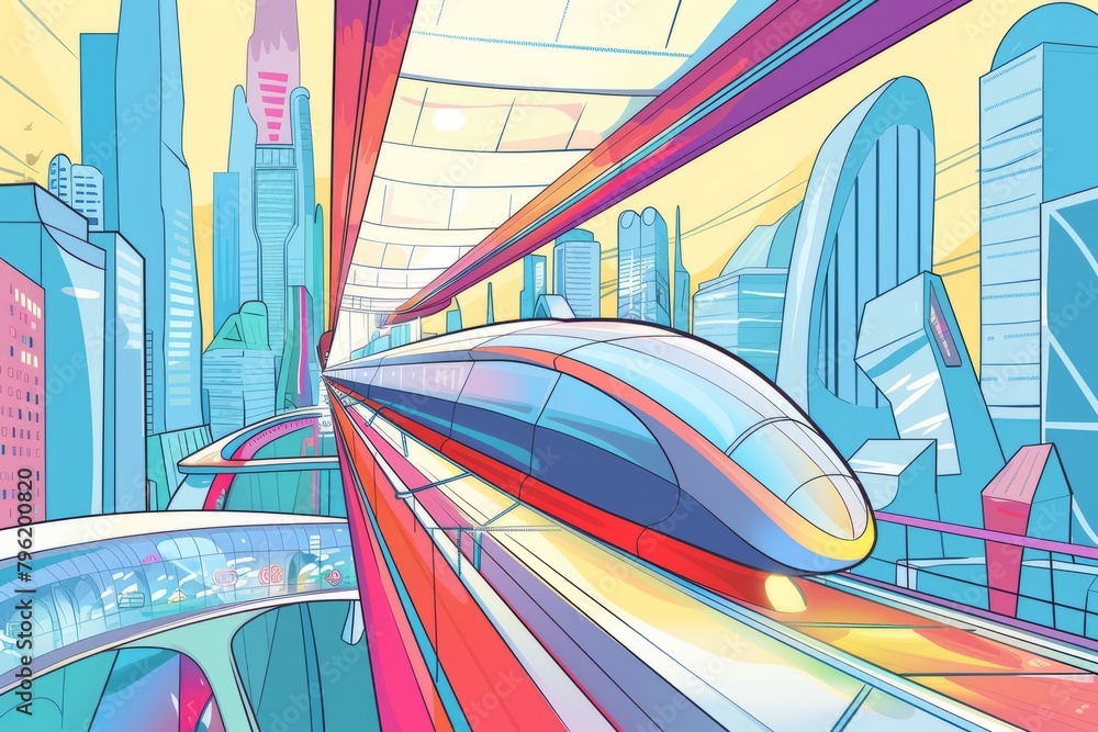 Cartoon cute doodles of a high-speed futuristic train zooming through a ...