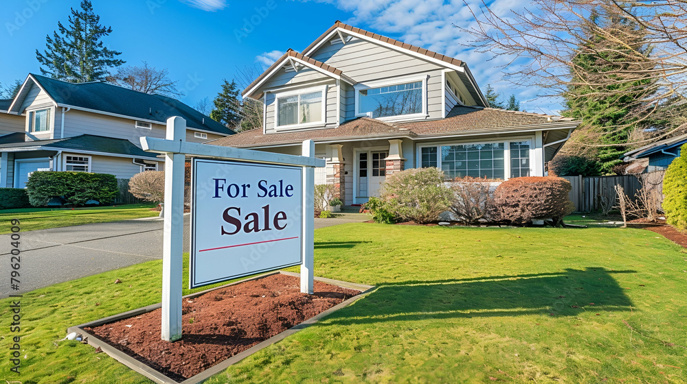Home for sale text For Sale on the sign in the front, real estate ...