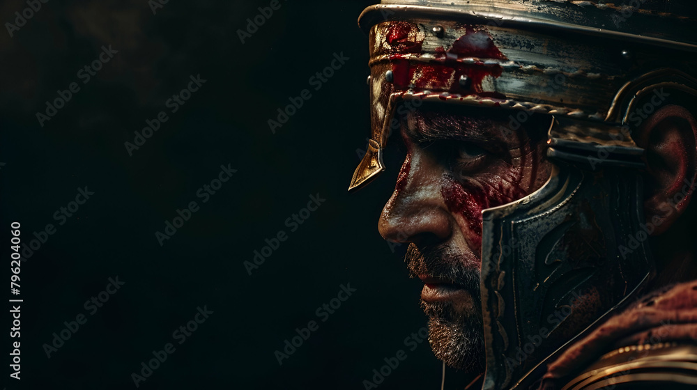 A Roman soldier wearing helmet, face visible, battle scar on his cheek ...
