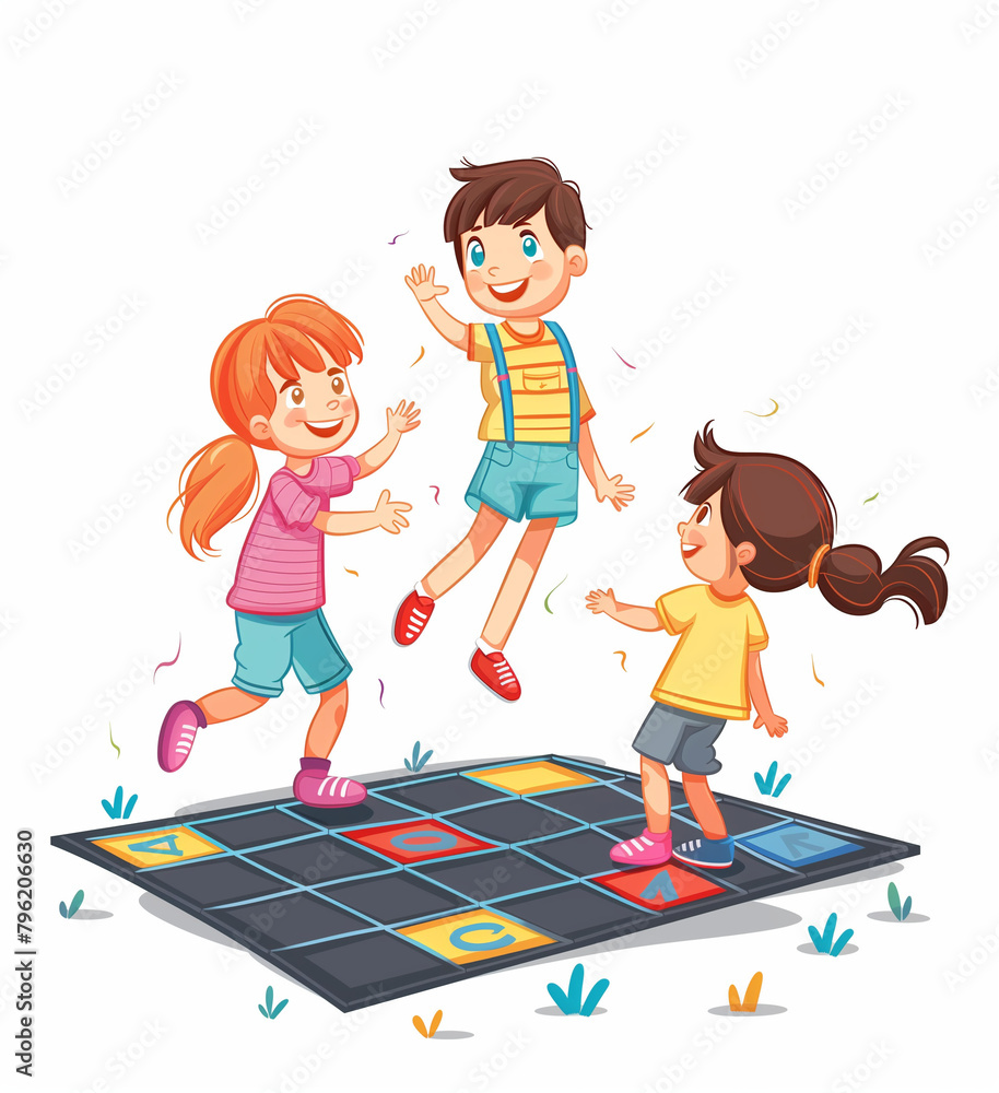 Group of Children Enjoying a Game of Hopscotch in the Sunshine Flat ...