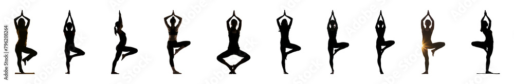 Silhouette of woman practicing yoga poses isolated cut out png on ...