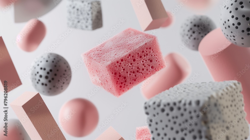 soft pink and gray shapes floating with a porous surface texture ...