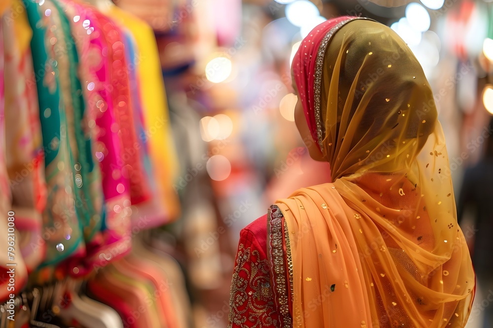 Indian woman shopping in a store with traditional Indian clothing and ...