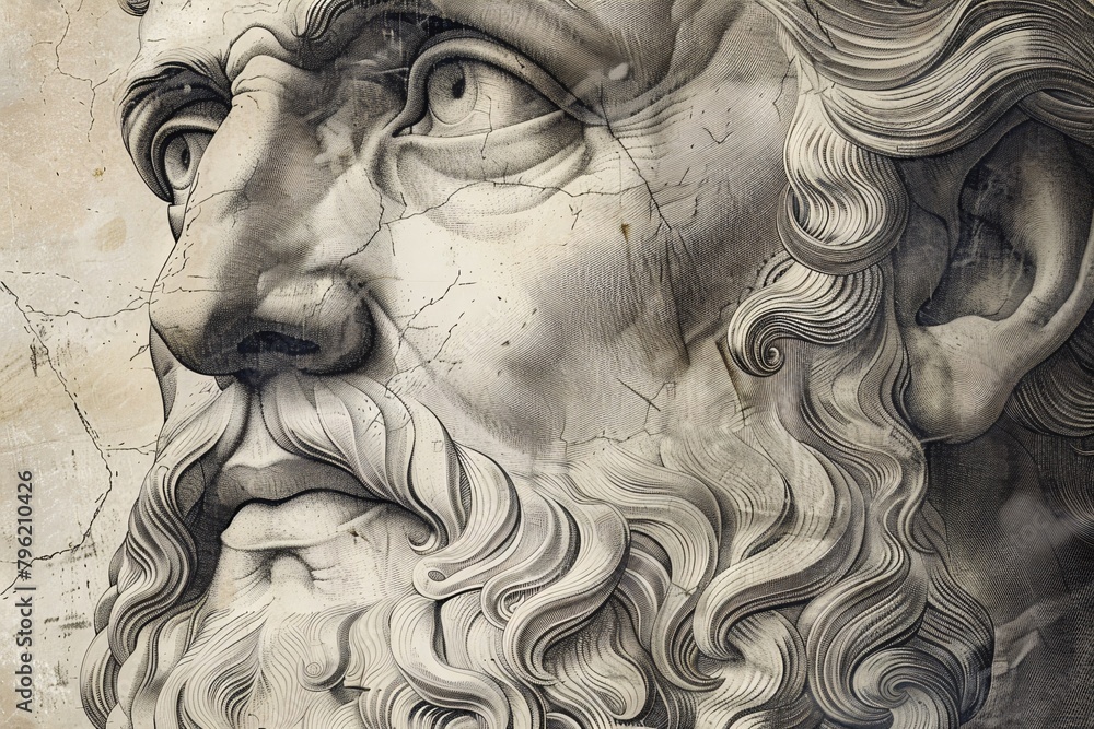 Ancient Greek portrait poster with a guilloche pattern detailing an ...