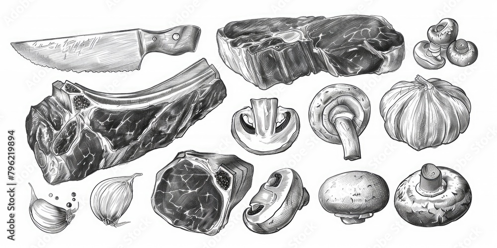 Handcrafted Steak Sketch Set. Hand Drawn Beef, Lamb, and Pork Steaks ...