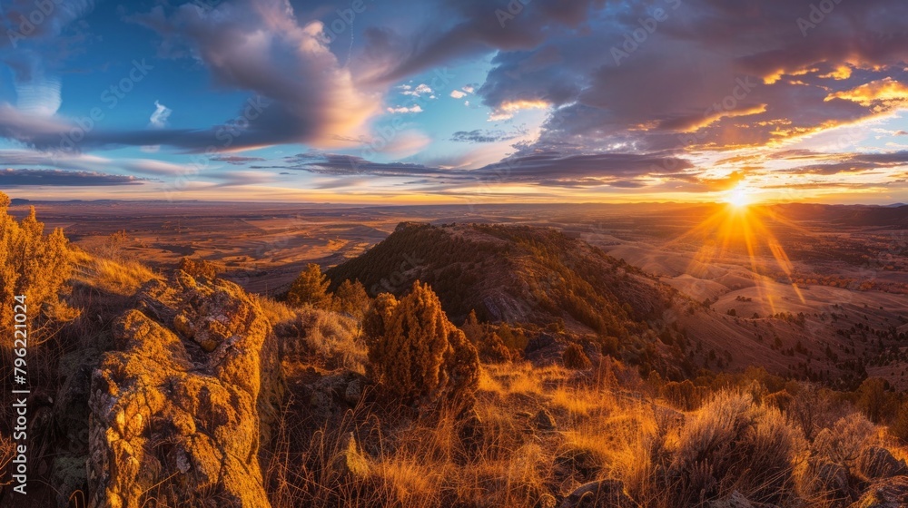 A panoramic display of the sun dipping below the horizon, its last rays ...