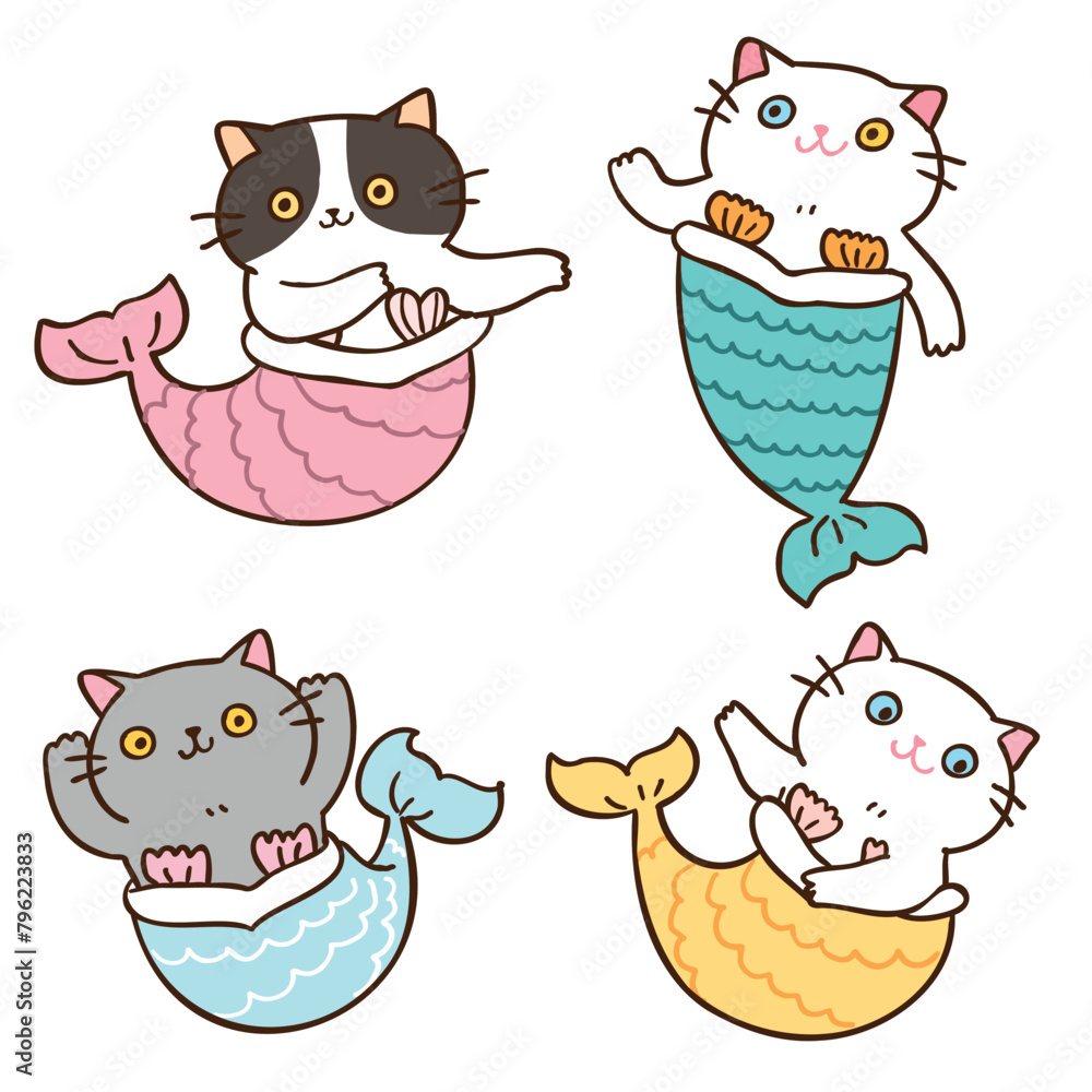 Vector Illustration of Cartoon Mermaid Cat Characters on Isolated ...
