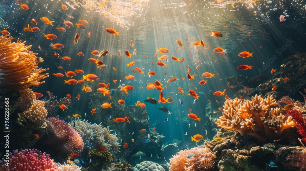 Diverse underwater ecosystem, a coral reef sanctuary, with myriad fish ...