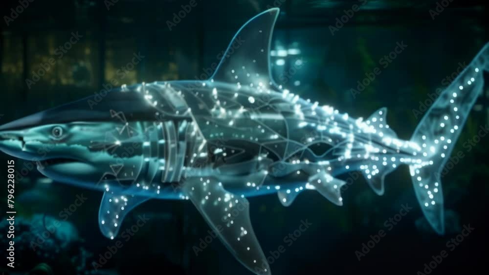 Futuristic 3D wireframe model of a great white shark swimming through ...