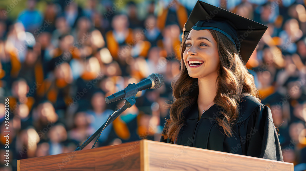 Young happy woman in a gown and a mortarboard stands at a podium and ...