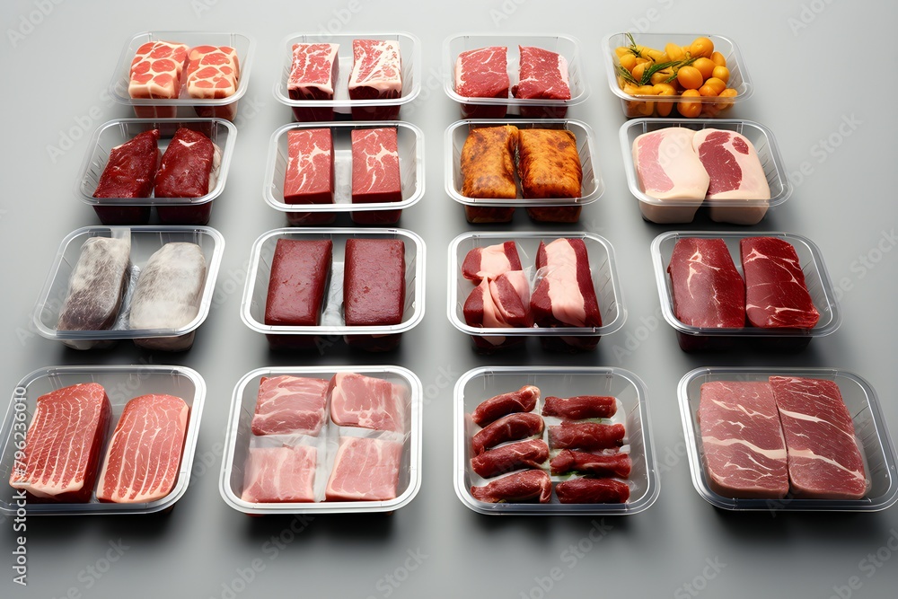 sealed plastic trays with different types of meat. Collection of ...