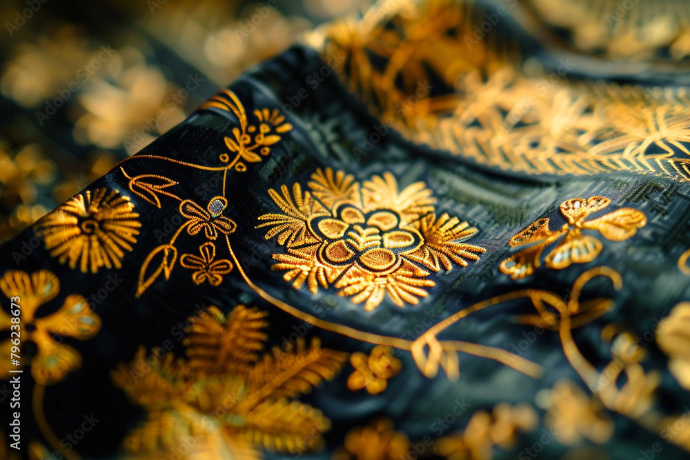 Zoomed in view of the intricate patterns on a traditional batik fabric ...