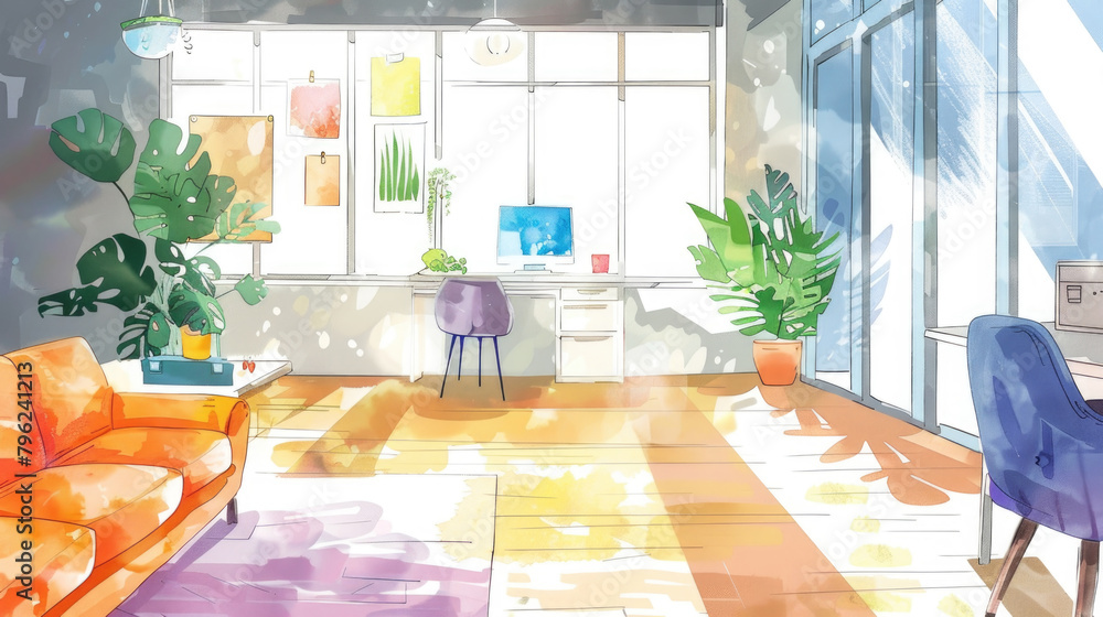 A detailed drawing of a contemporary living room with a large grey ...