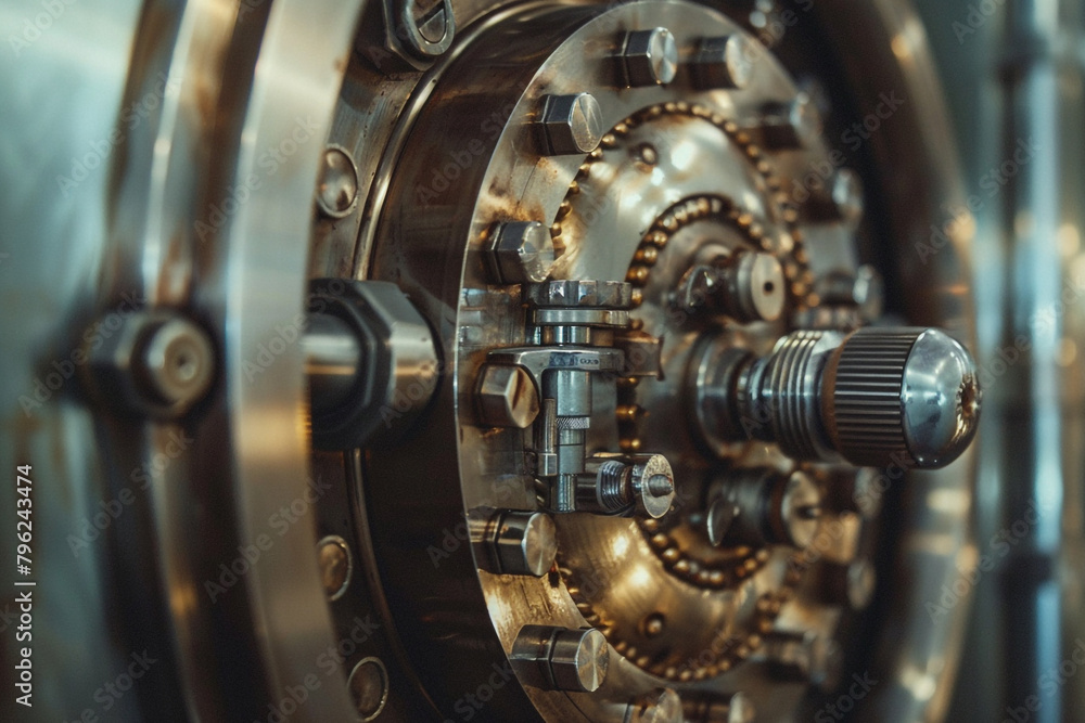 Zoomed-in image of a secure bank vault door, intricate locking ...