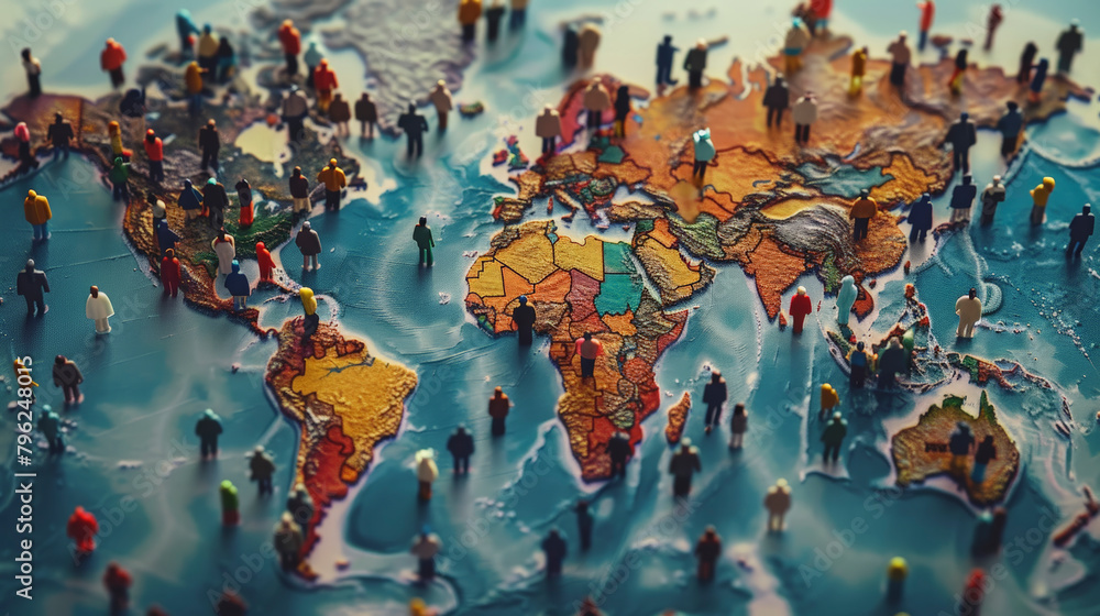 A 3D map of the world with miniature figures representing human ...