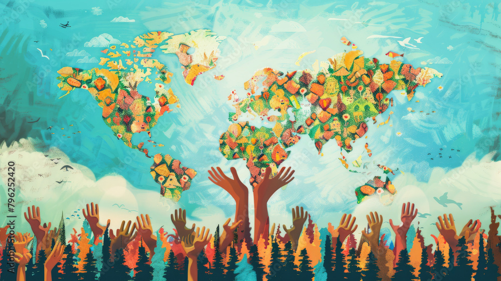 Illustration of a stylized world map with hands reaching up towards it ...